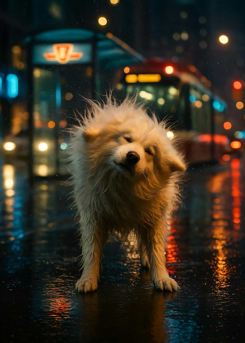 'Wet Dog Shaking in City Rain' Poster, picture, metal print, paint by ...