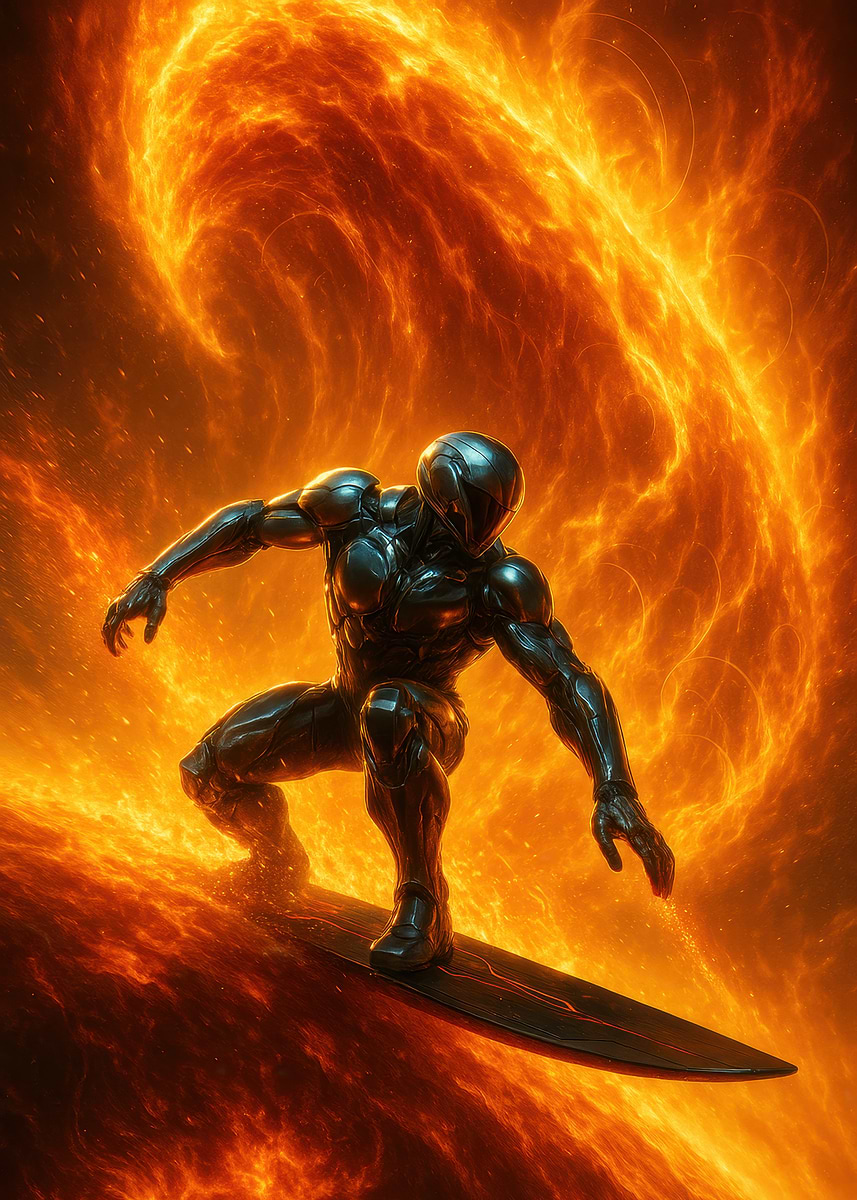 'Futuristic Surfer on Lava Wave' Poster, picture, metal print, paint by ...