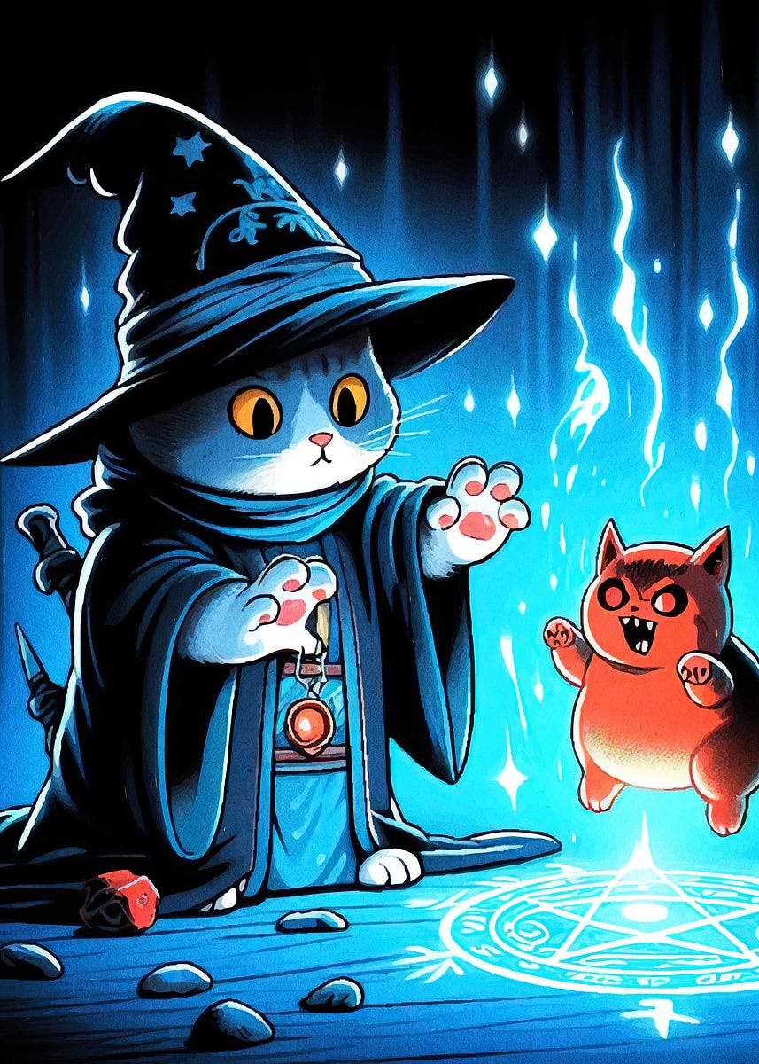 'Wizard Cat Summoning Demon' Poster, picture, metal print, paint by ...