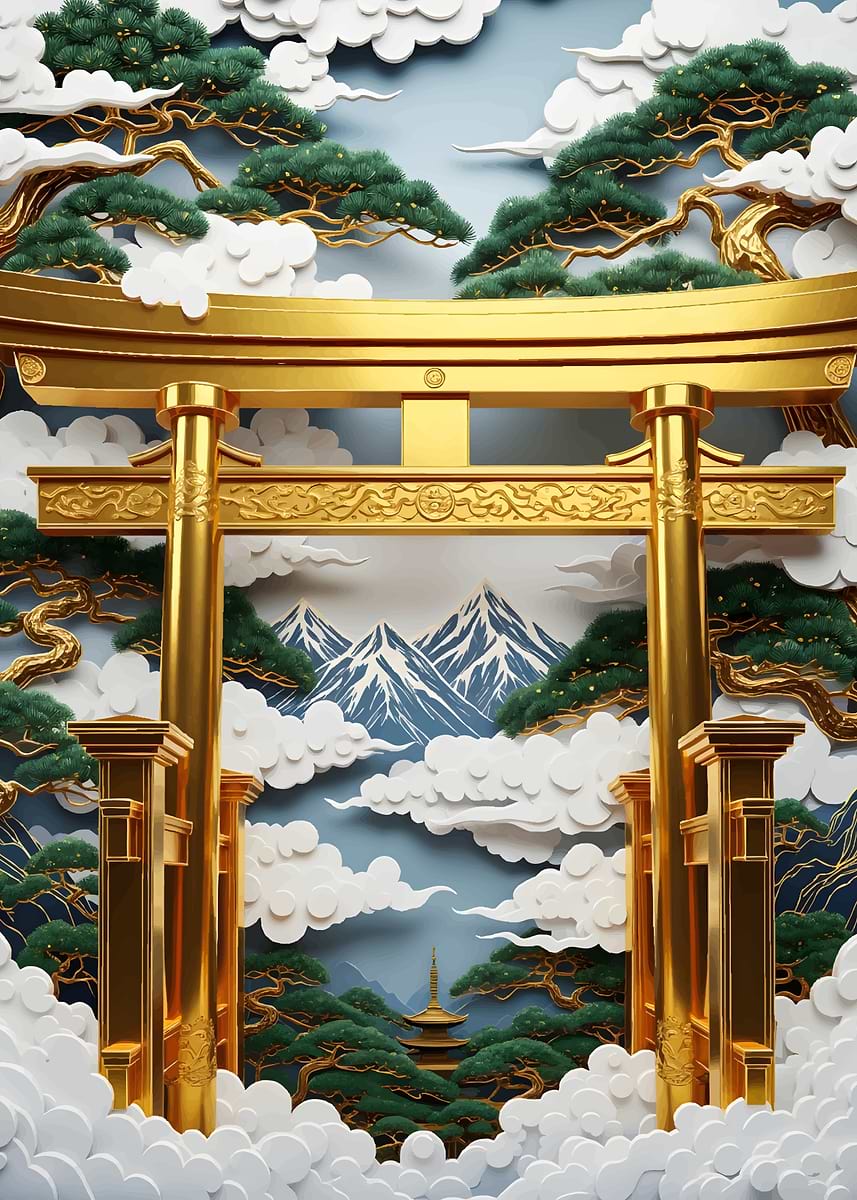'Golden Torii Gate with Mountain View' Poster, picture, metal print ...