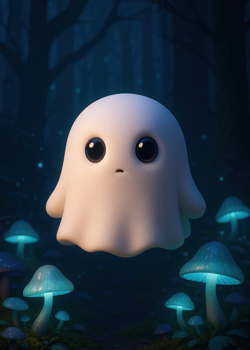 'Cute Ghost in Enchanted Forest' Poster, picture, metal print, paint by ...