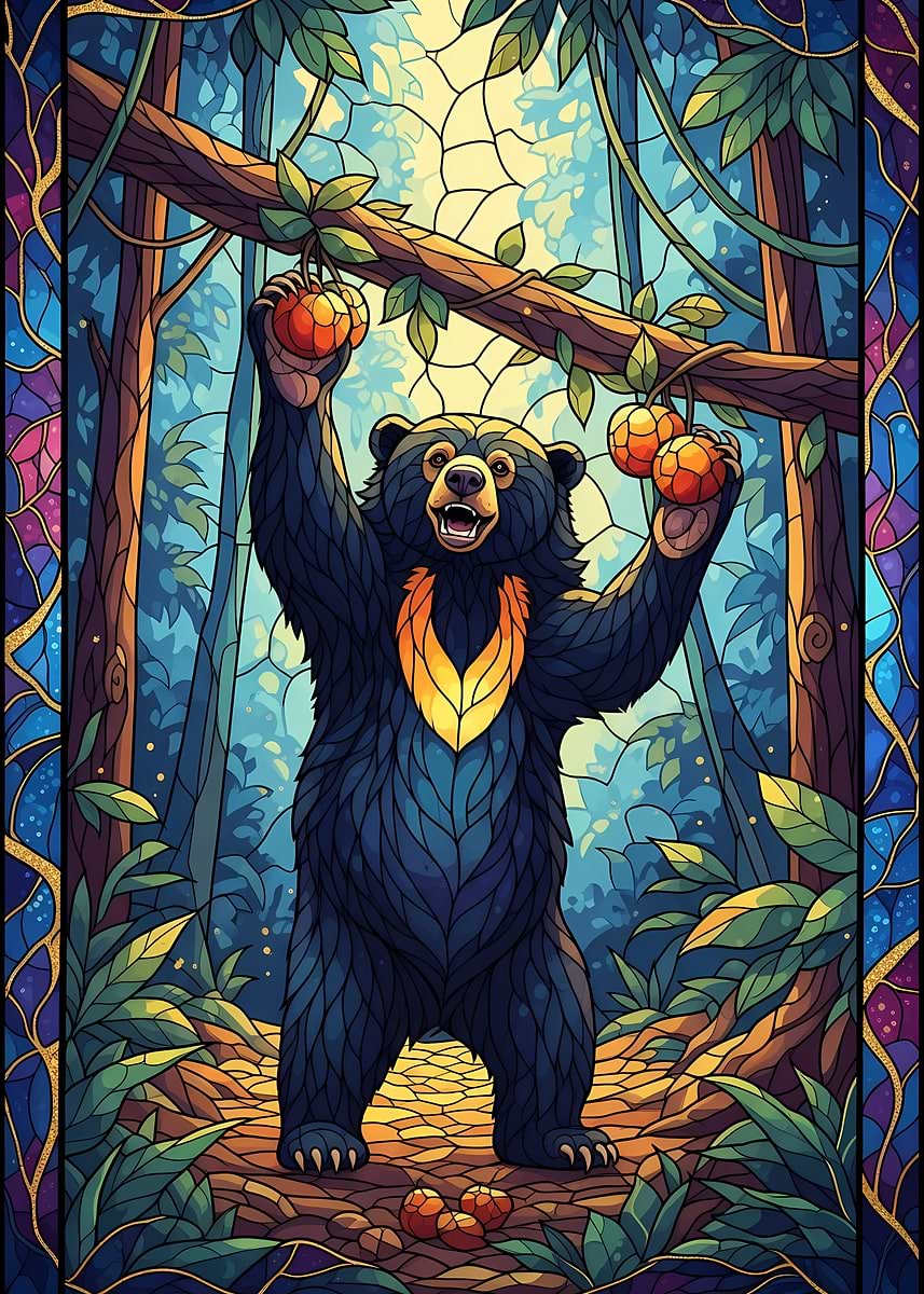 'Stained Glass Bear in Forest' Poster, picture, metal print, paint by ...