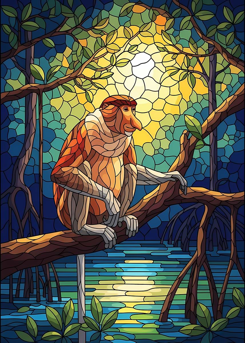 'Proboscis Monkey Stained Glass Illustration' Poster, picture, metal ...