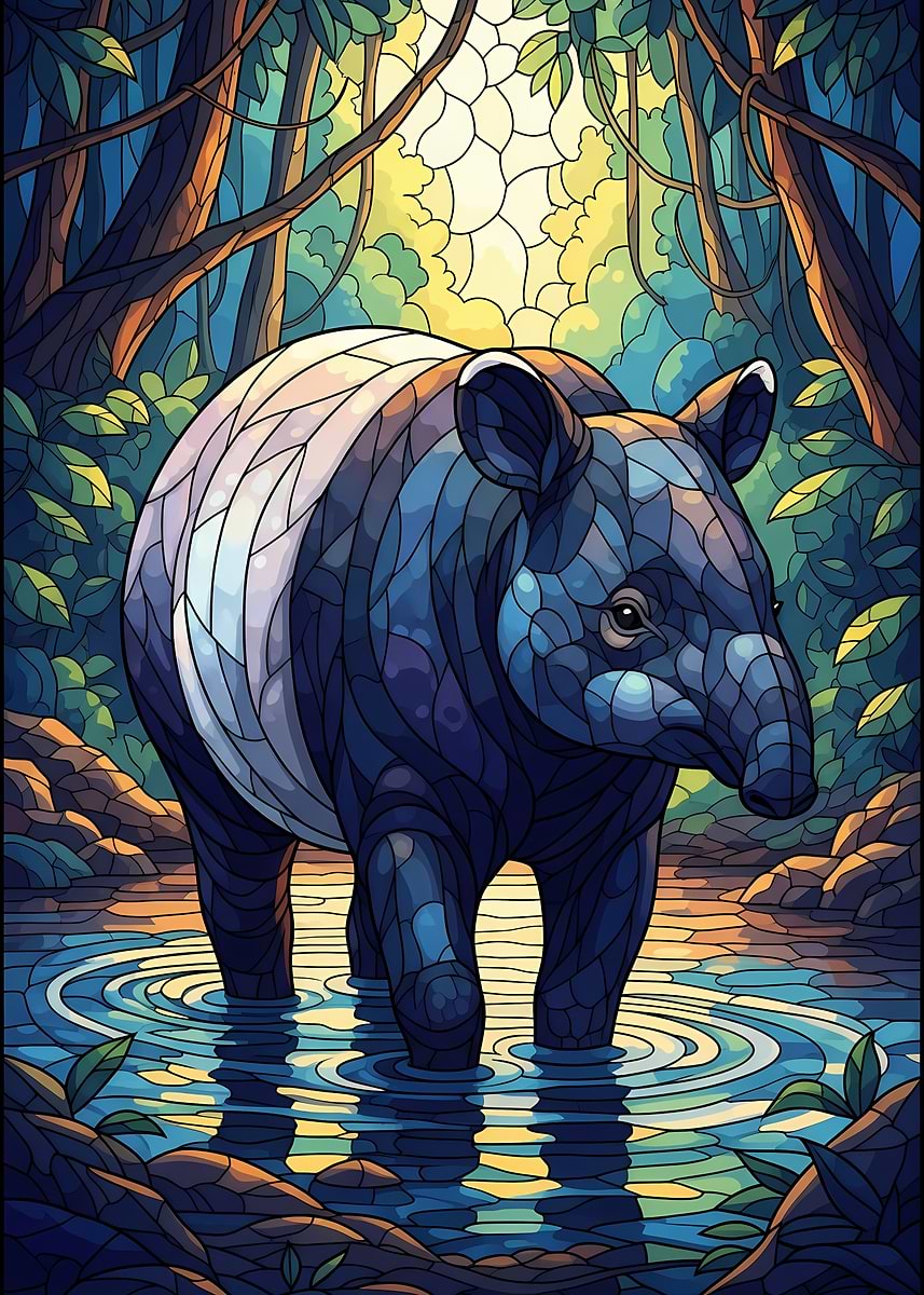 'Tapir in Jungle Stained Glass Style' Poster, picture, metal print ...