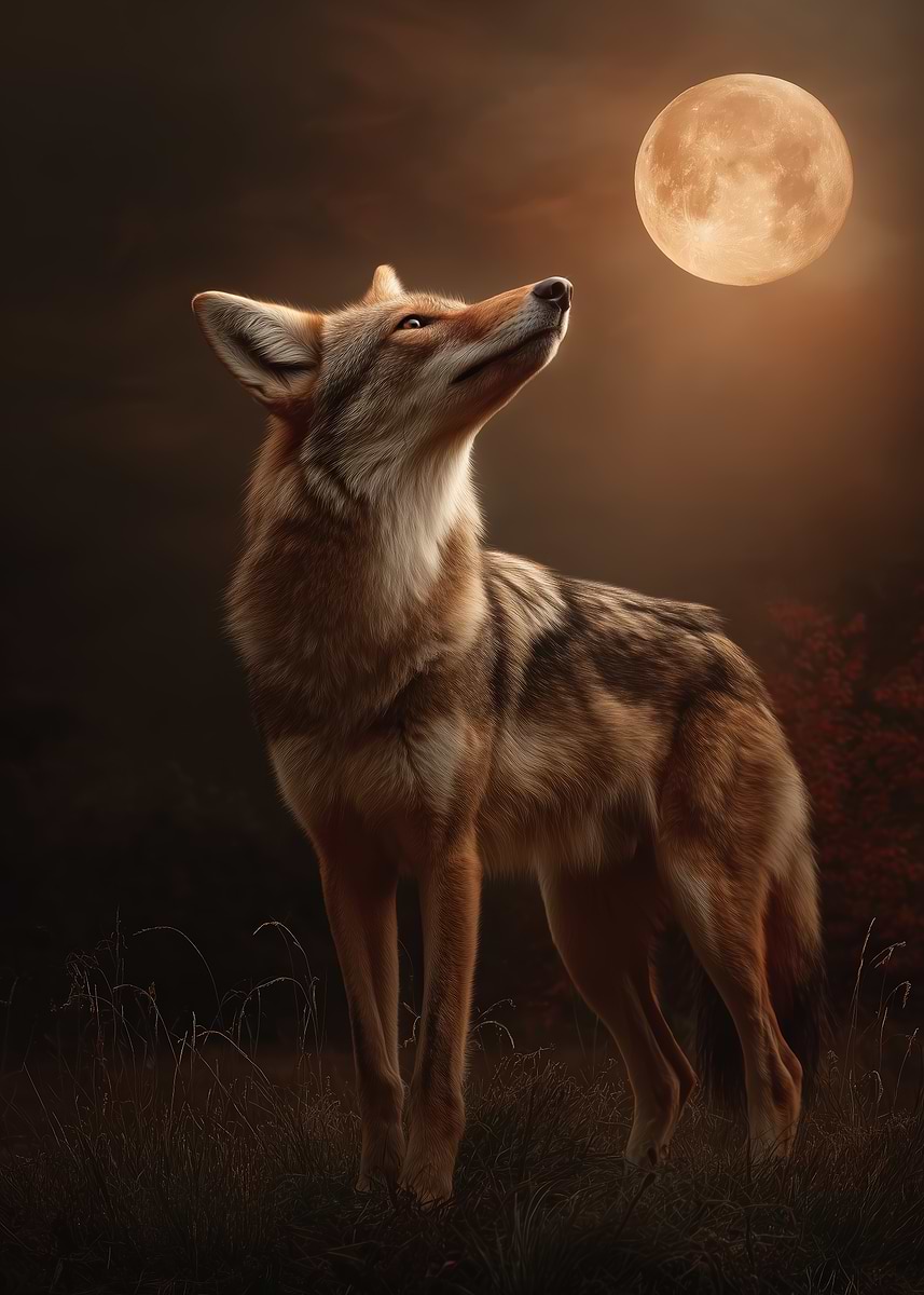 'Coyote Howling at the Moon' Poster, picture, metal print, paint by ...