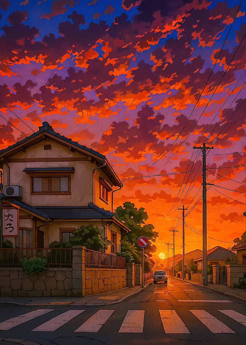 'Japanese street sunset' Poster, picture, metal print, paint by Eliott ...
