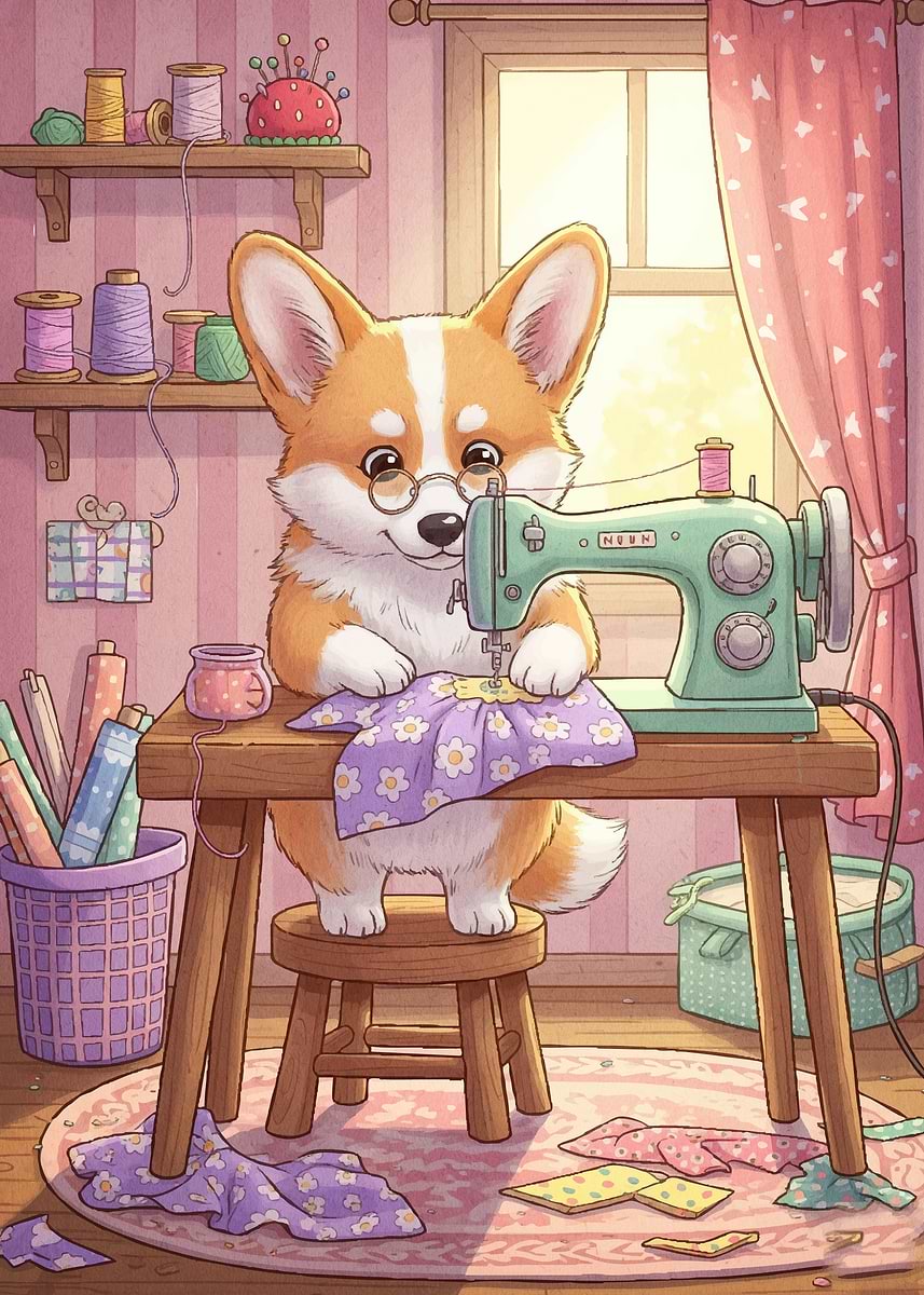 'Corgi Sewing Machine' Poster, picture, metal print, paint by Eliott ...