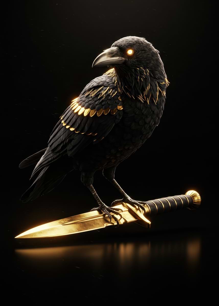 'Raven Perched on Golden Dagger' Poster, picture, metal print, paint by ...