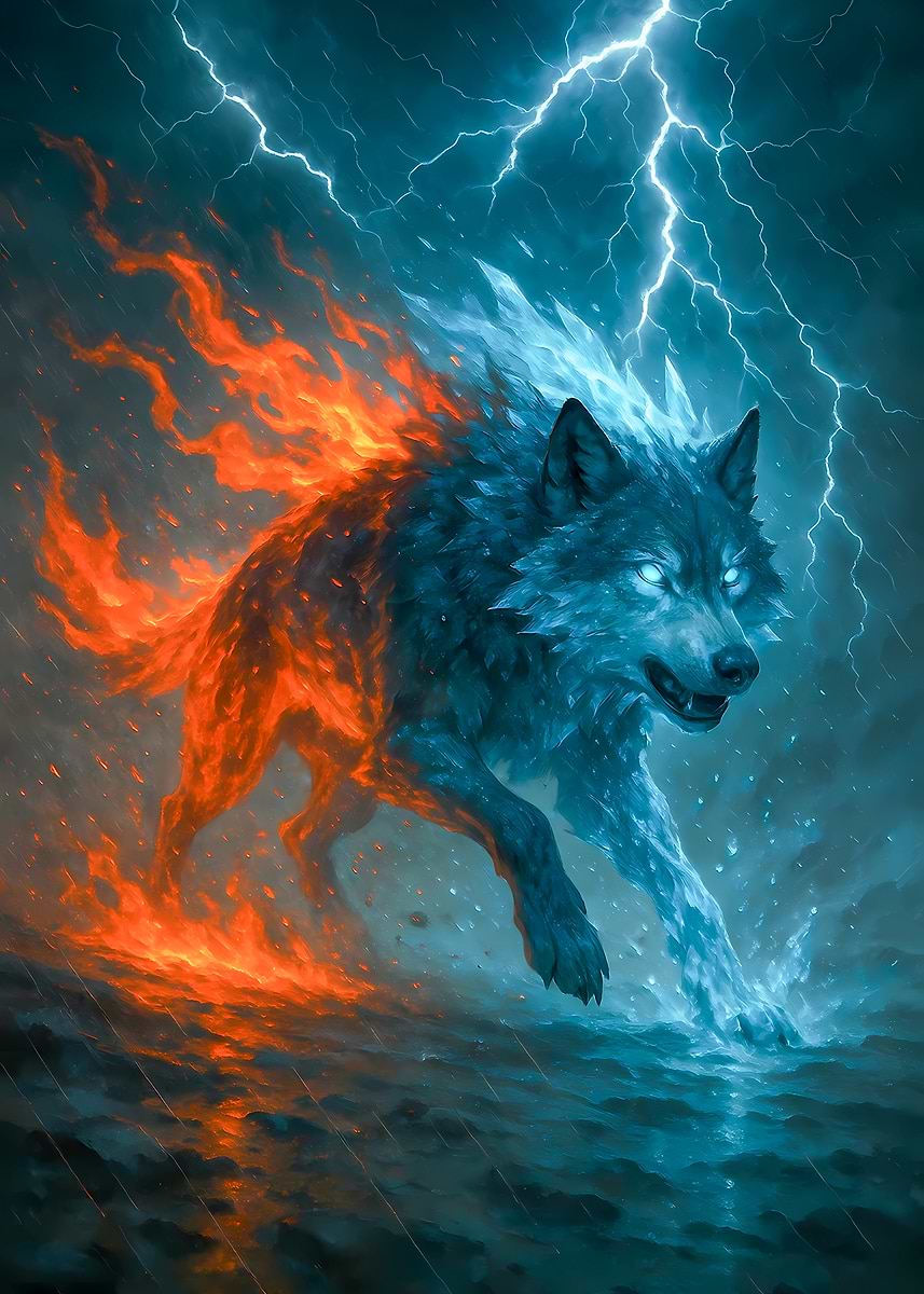 'Elemental Wolf: Fire and Ice' Poster, picture, metal print, paint by ...