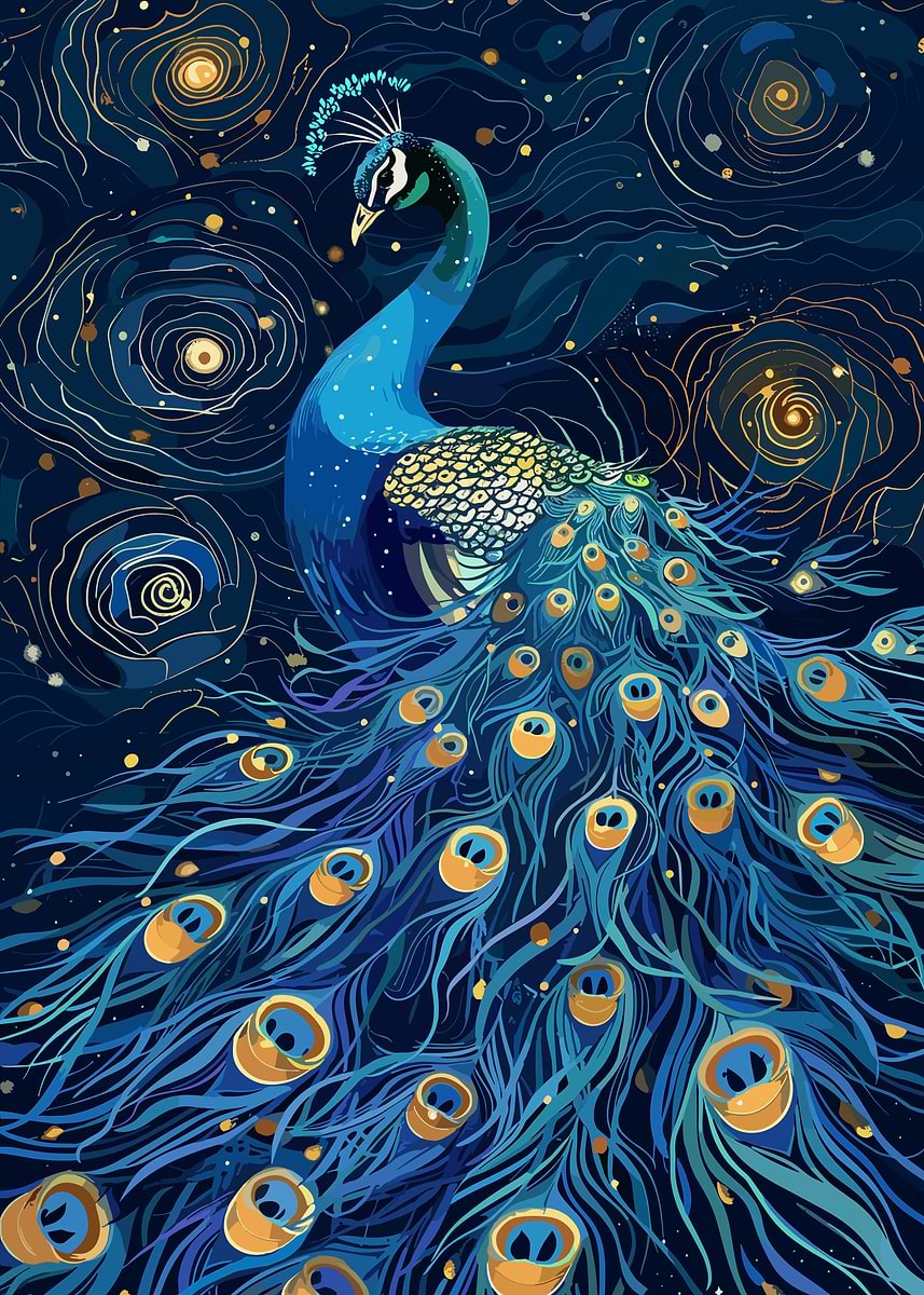 'Elegant Peacock in Starry Night' Poster, picture, metal print, paint ...