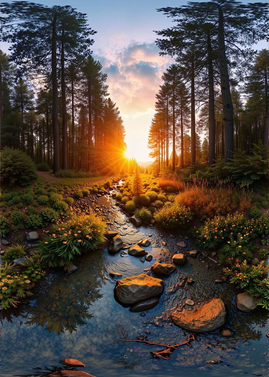 'Forest Stream at Sunset' Poster, picture, metal print, paint by ...