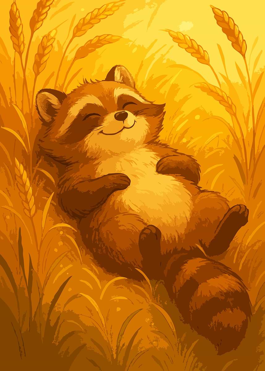 'Relaxing Raccoon in Wheat Field | Golden Dreams' Poster, picture ...