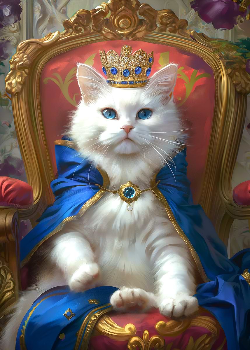 'Regal White Cat with Crown' Poster, picture, metal print, paint by ...