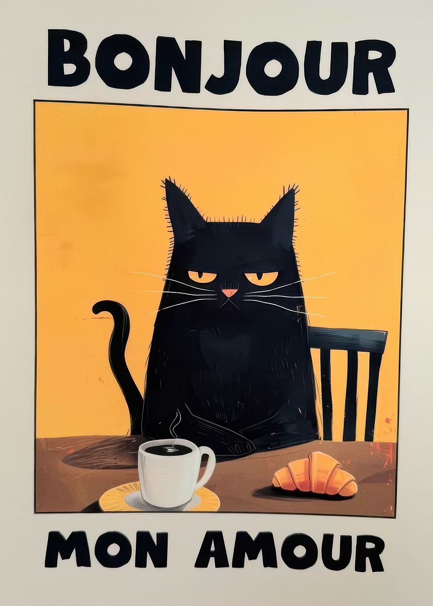 'Funny Black Cat Bonjour Mon Amour ' Poster, picture, metal print ...