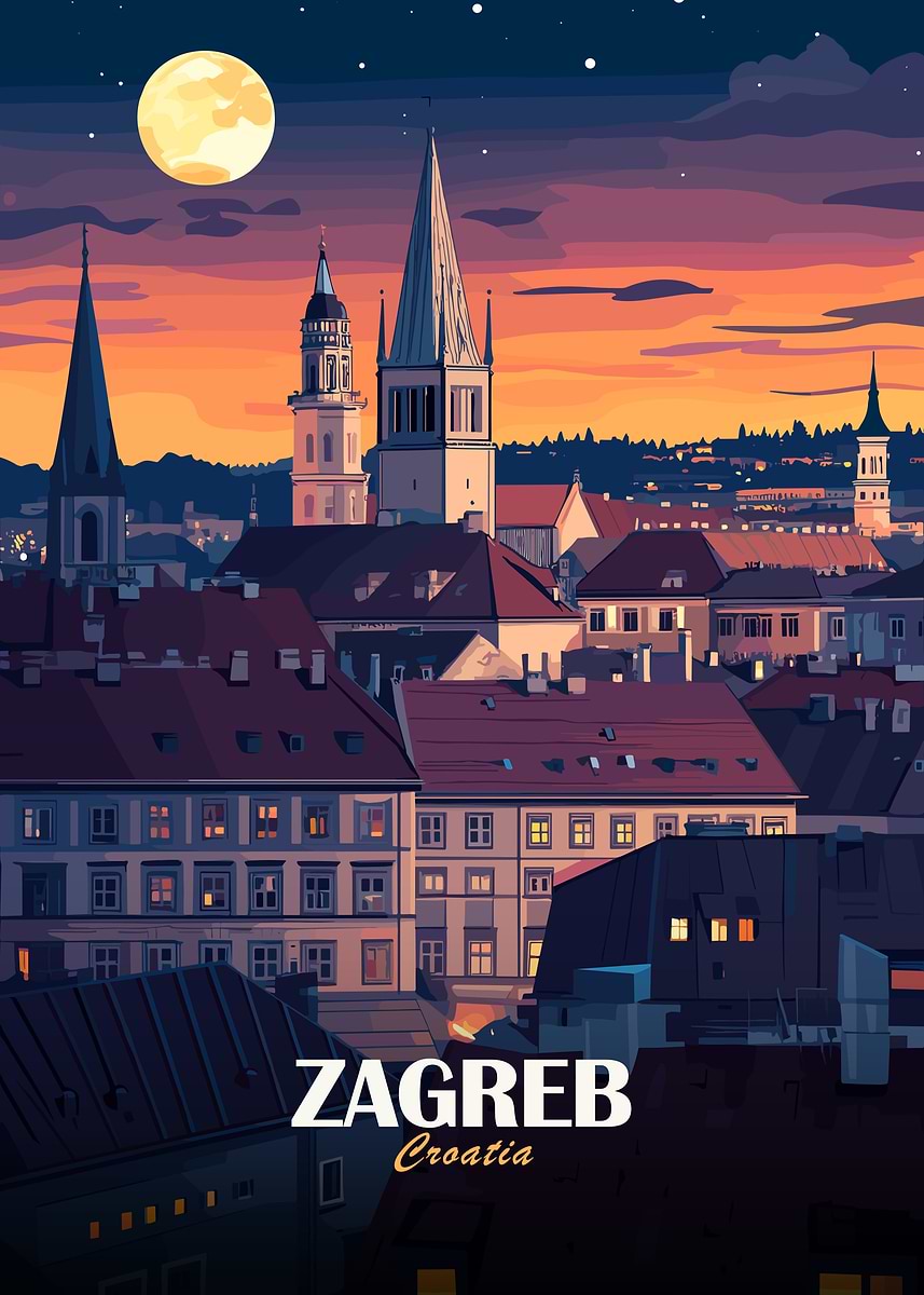 'Zagreb Croatia Cityscape at Night' Poster, picture, metal print, paint ...