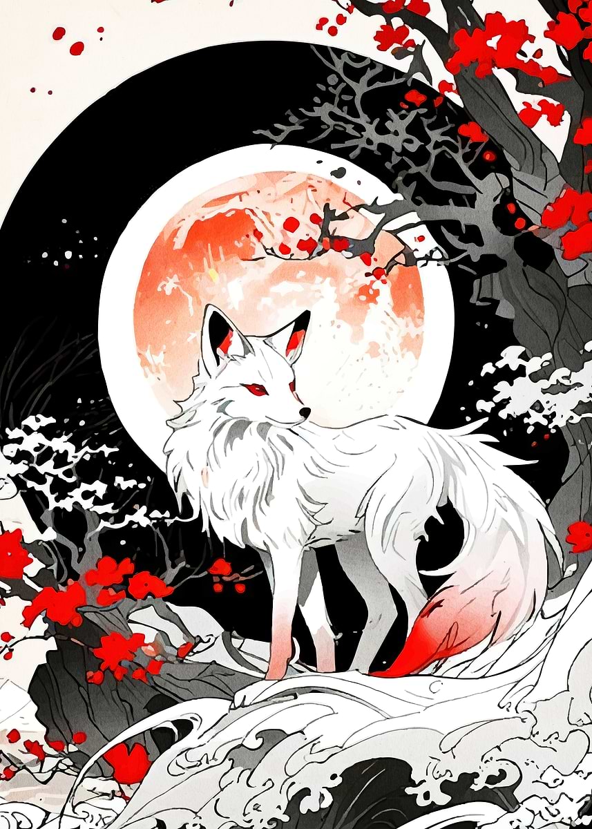 'White Fox Red Moon' Poster, picture, metal print, paint by Mahima ...