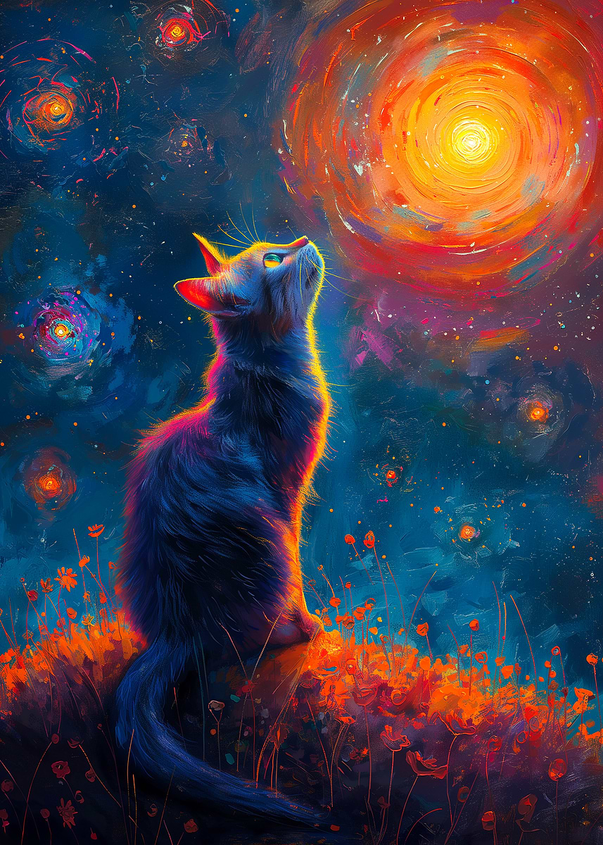'Cat gazing at a cosmic sky' Poster, picture, metal print, paint by ...