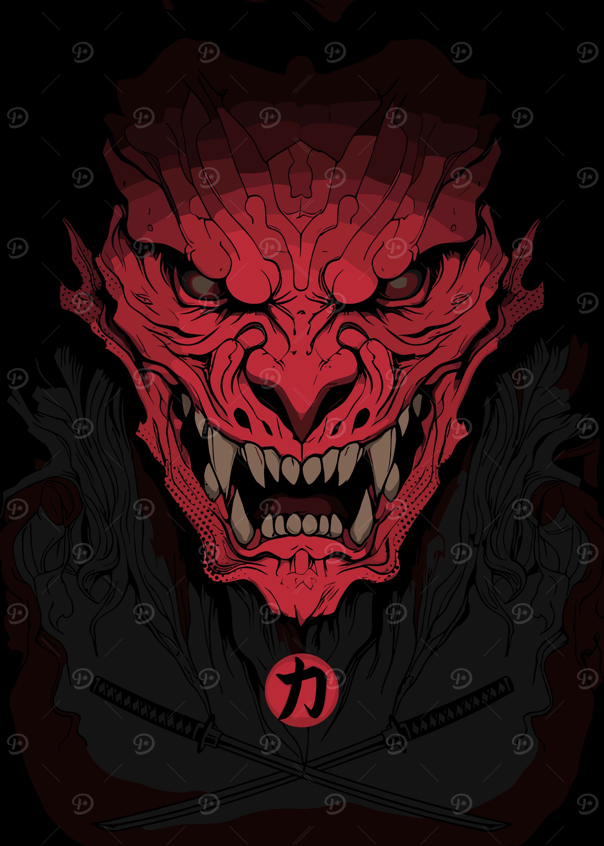 'Red Oni Mask with Swords' Poster, picture, metal print, paint by Asian ...