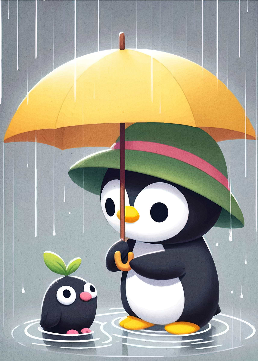 'Penguin and Friend in the Rain' Poster, picture, metal print, paint by ...