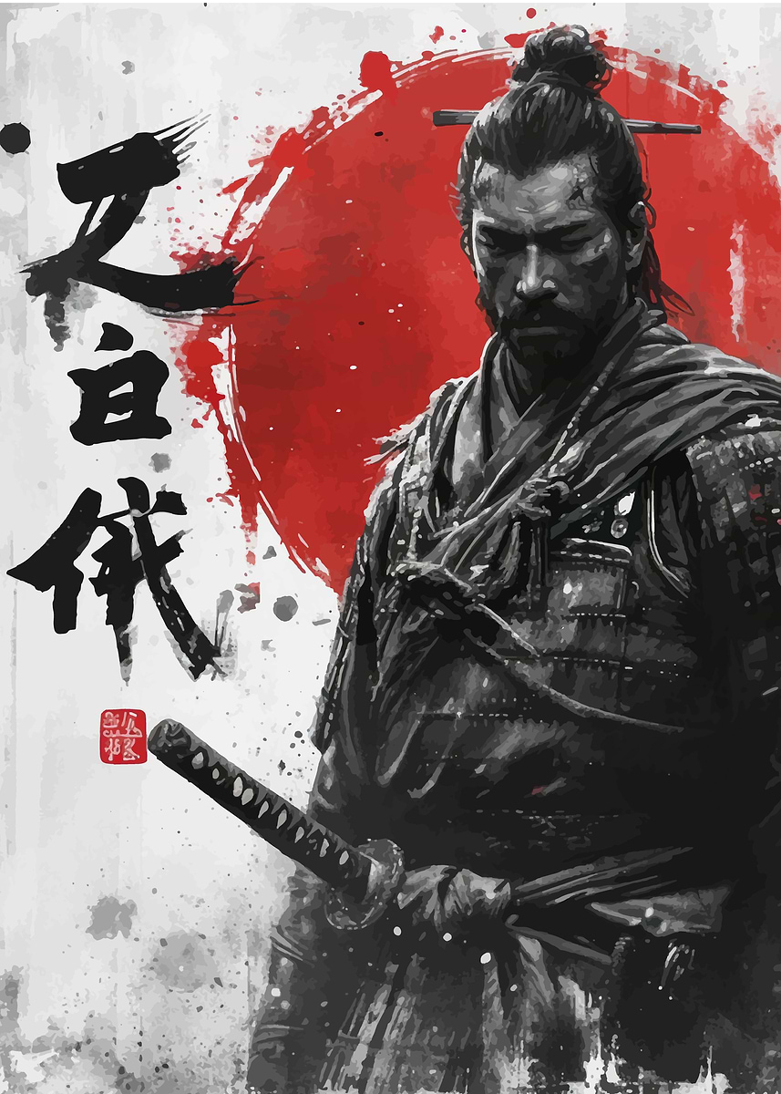 'Samurai Warrior with Katana and Calligraphy' Poster, picture, metal ...