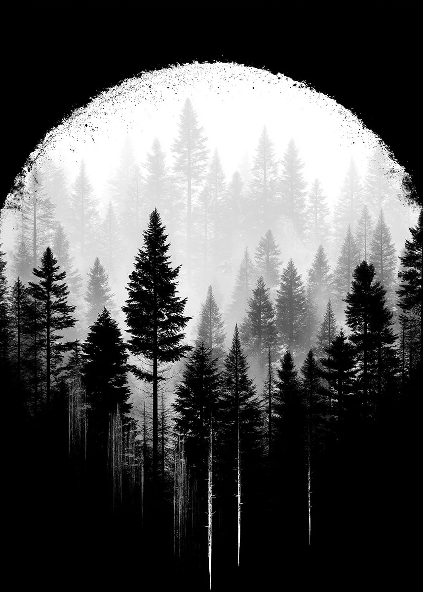 'Monochrome Forest in Circle' Poster, picture, metal print, paint by ...