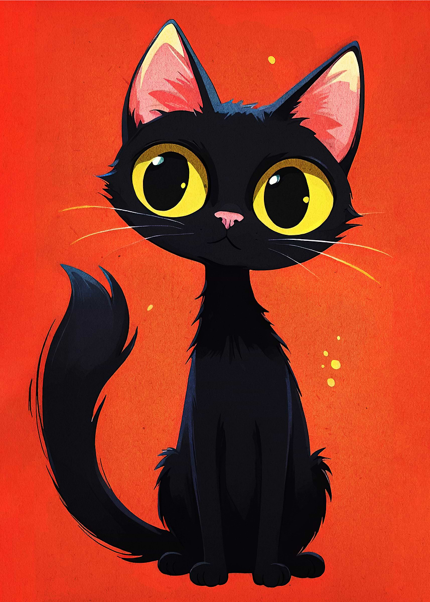 'Cartoon Black Cat with Yellow Eyes' Poster, picture, metal print ...
