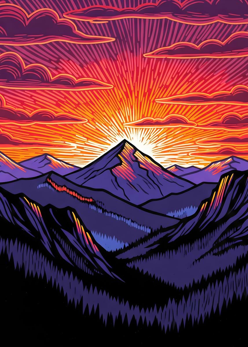 'Mountain Sunset Lino Illustration' Poster, picture, metal print, paint ...