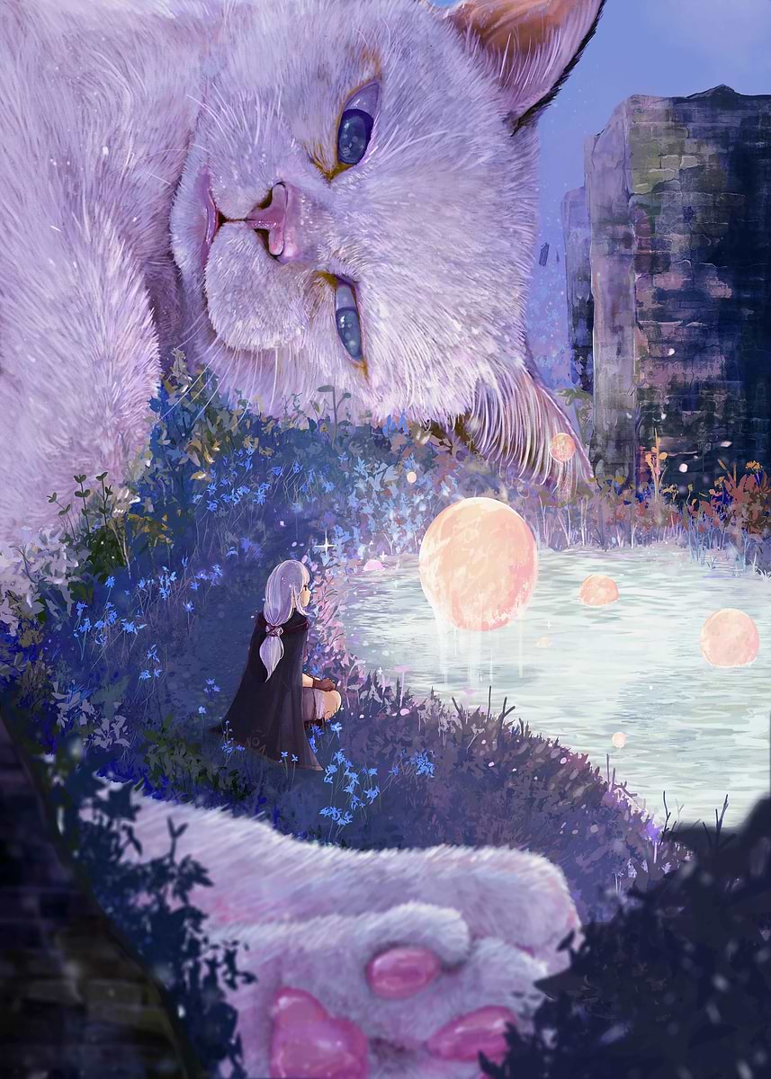 'Giant Cat and Girl by Lake' Poster, picture, metal print, paint by ...