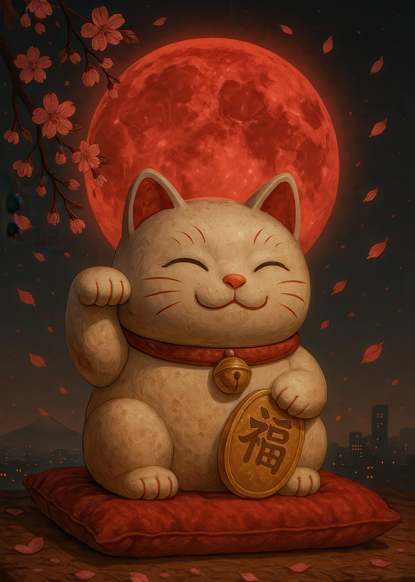 'Maneki Neko with Red Moon' Poster, picture, metal print, paint by ...