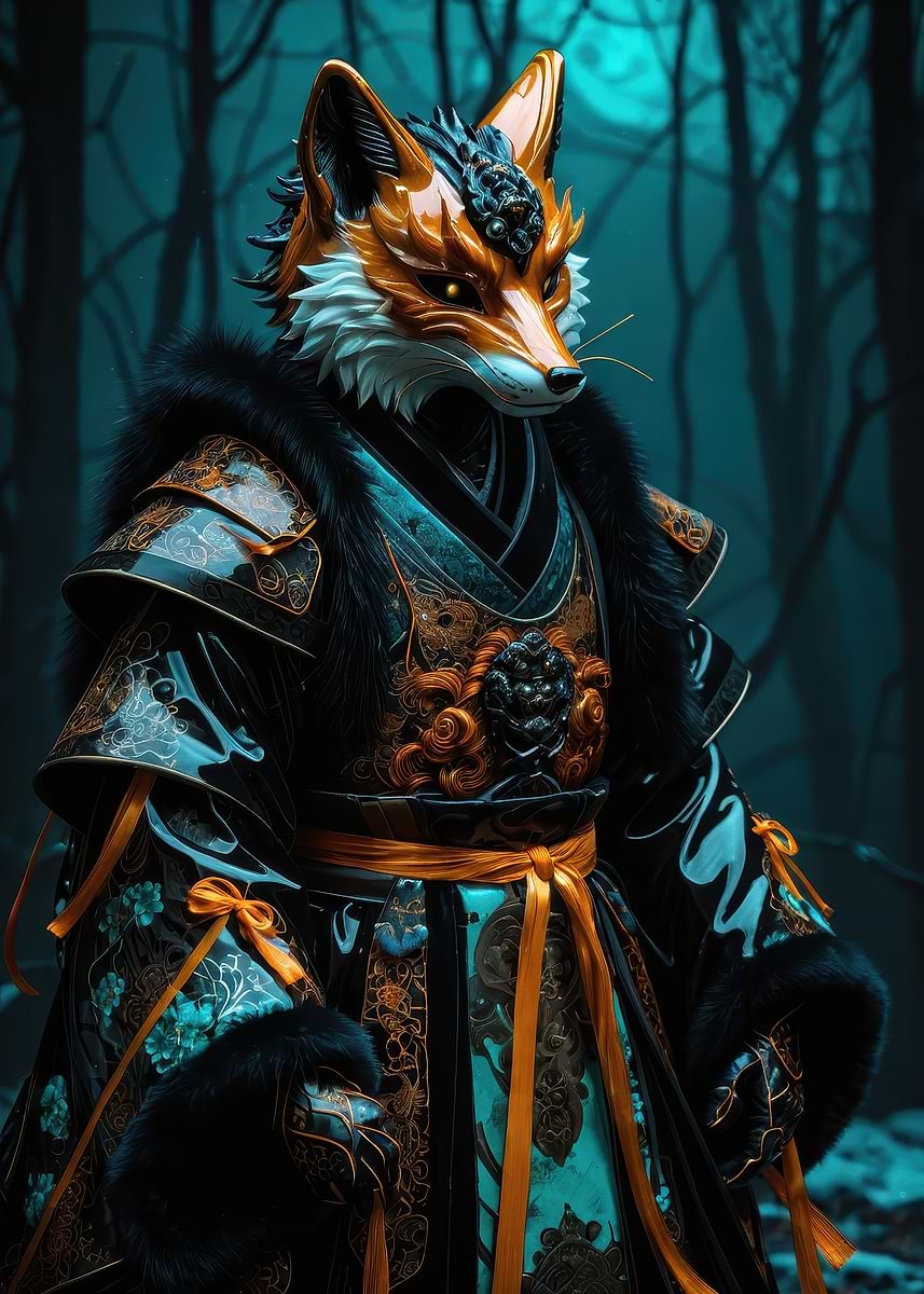 'Fox Samurai — Ornate Anime-Style Fox Warrior in Teal & Gold Armor ...