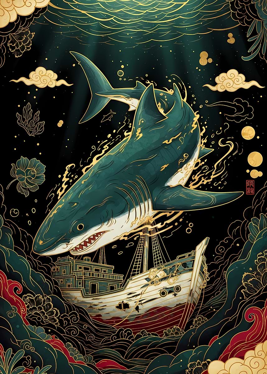 'Shark and Ship in Asian Style' Poster, picture, metal print, paint by ...