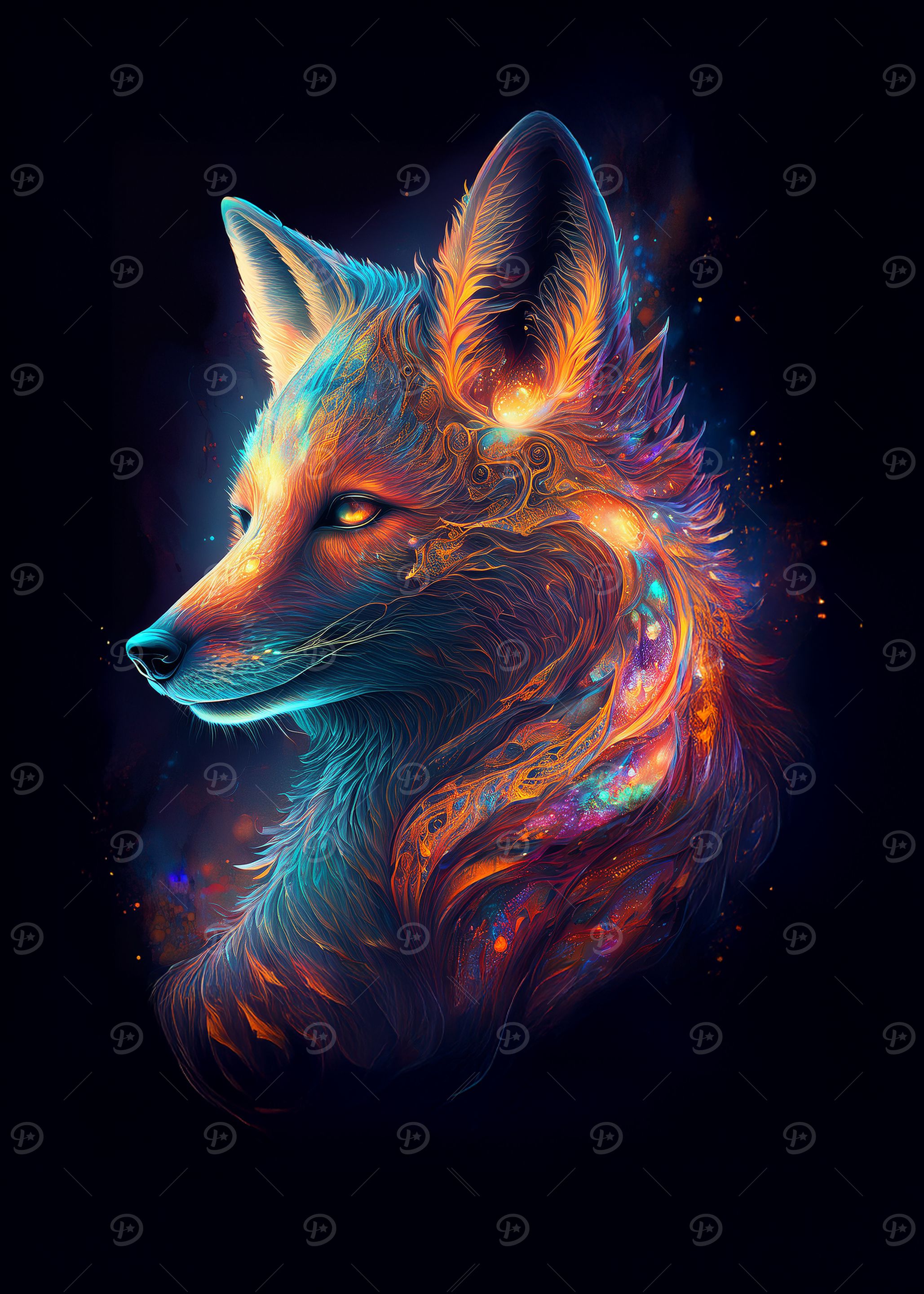 'Colorful Fox Portrait on Black Background' Poster, picture, metal ...