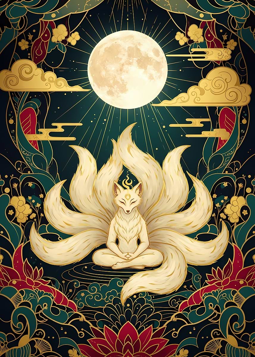 'Nine-tailed Fox Meditation Under the Moon' Poster, picture, metal ...