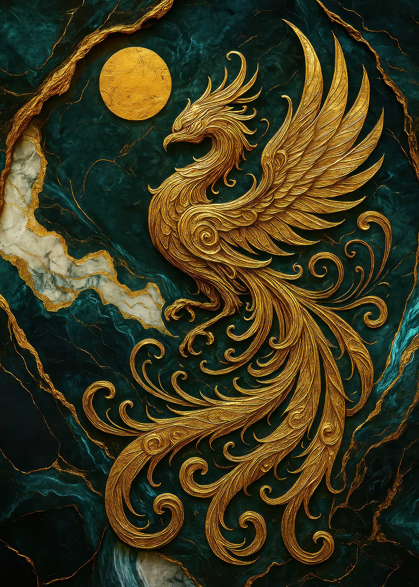 'Golden Phoenix on Emerald Marble' Poster, picture, metal print, paint ...