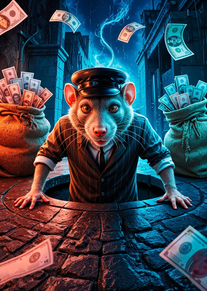 'Rat in Suit with Money Bags' Poster, picture, metal print, paint by ...
