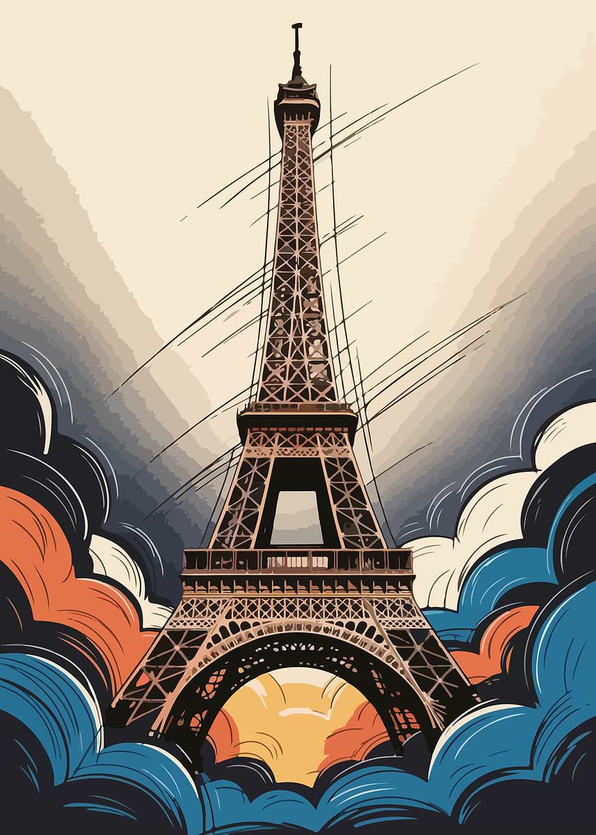 'Eiffel Tower Illustration with Clouds' Poster, picture, metal print, paint by HuntingSkywalker ...