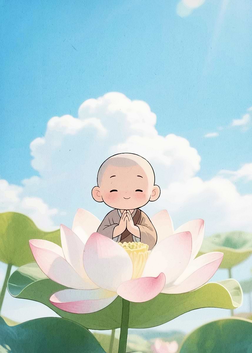 'Cartoon Monk Lotus Flower' Poster, picture, metal print, paint by ...