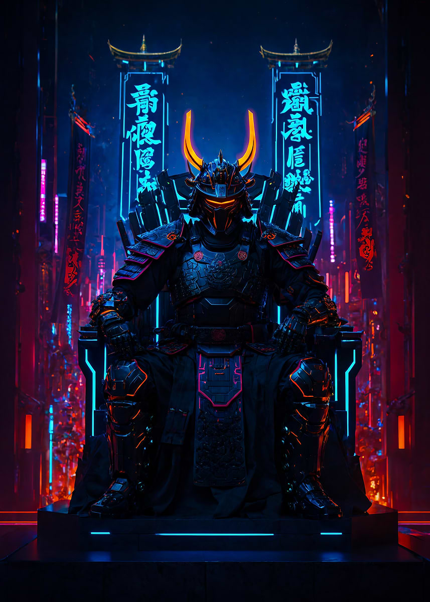 'Cyberpunk Style Samurai Shogun on Throne' Poster, picture, metal print ...