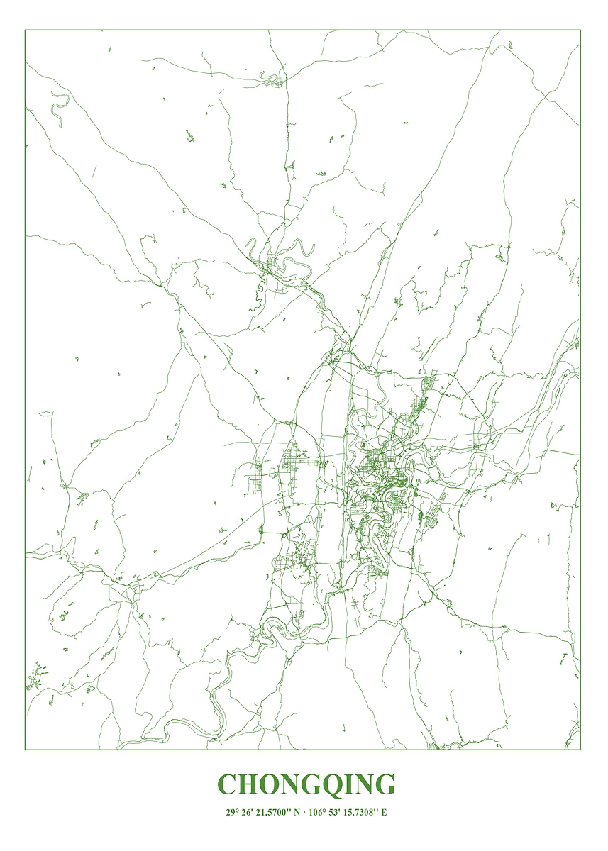 'Chongqing City Map - Green Lines' Poster, picture, metal print, paint ...