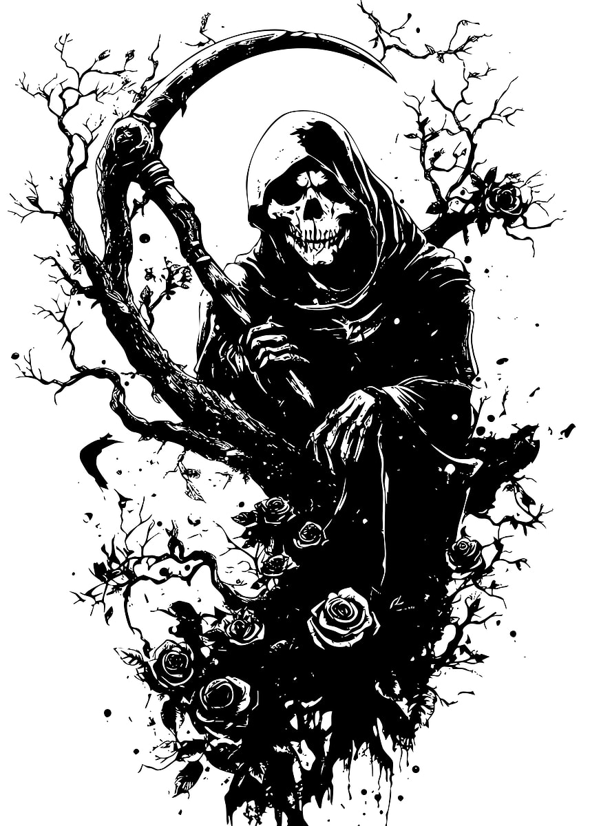 'Grim Reaper with Scythe and Roses' Poster, picture, metal print, paint ...