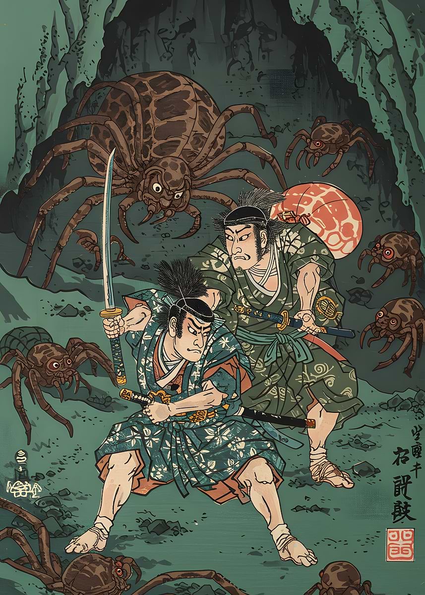'Samurai vs Spiders Ukiyo-e Style Art' Poster, picture, metal print, paint by ndhats | Displate