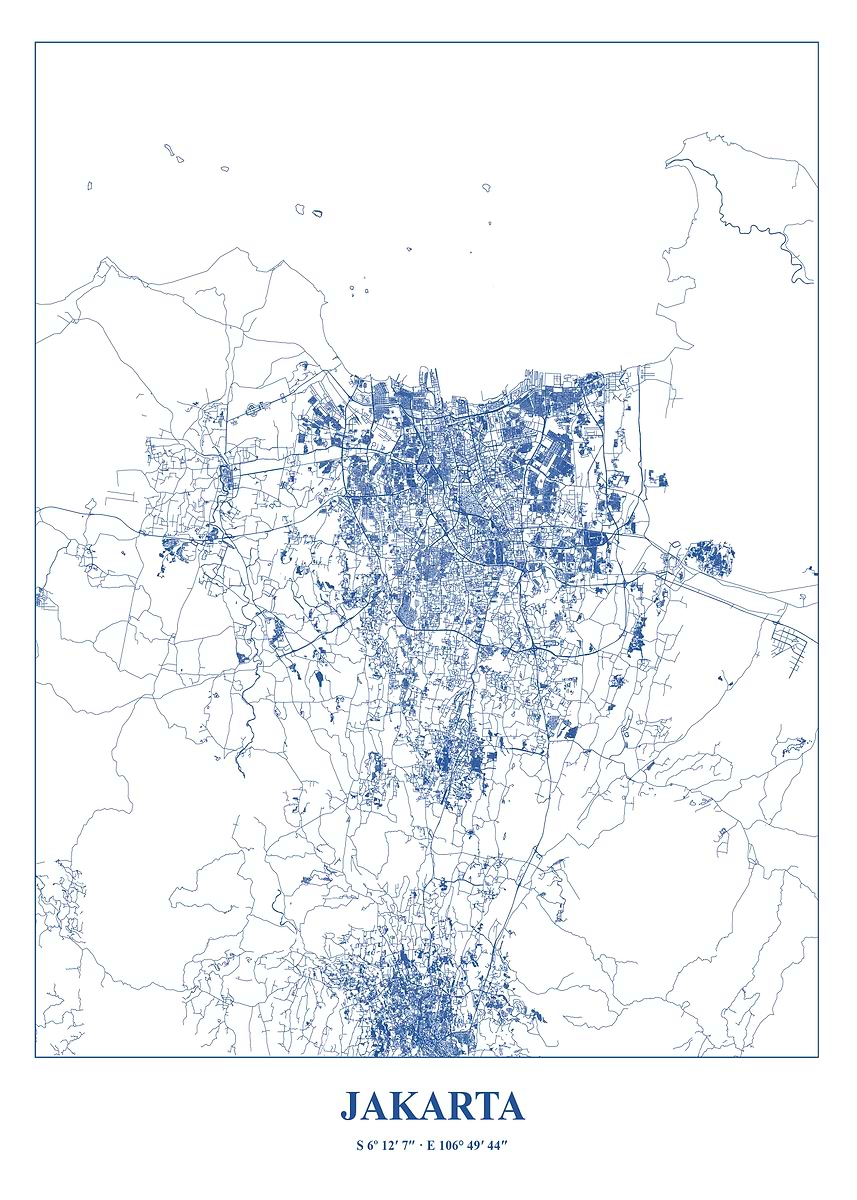 'Jakarta City Map - Blue on White' Poster, picture, metal print, paint ...