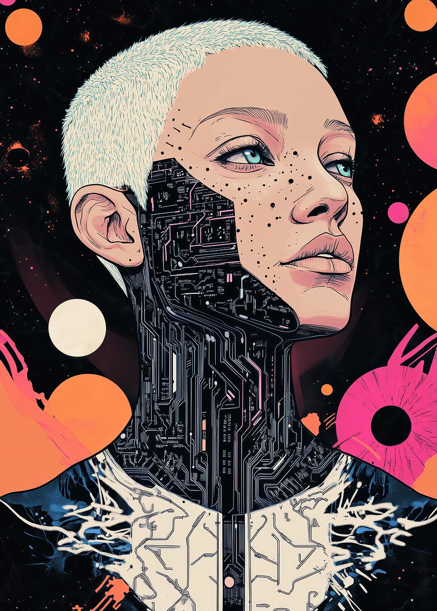 'Cybernetic Portrait with Cosmic Background' Poster, picture, metal ...