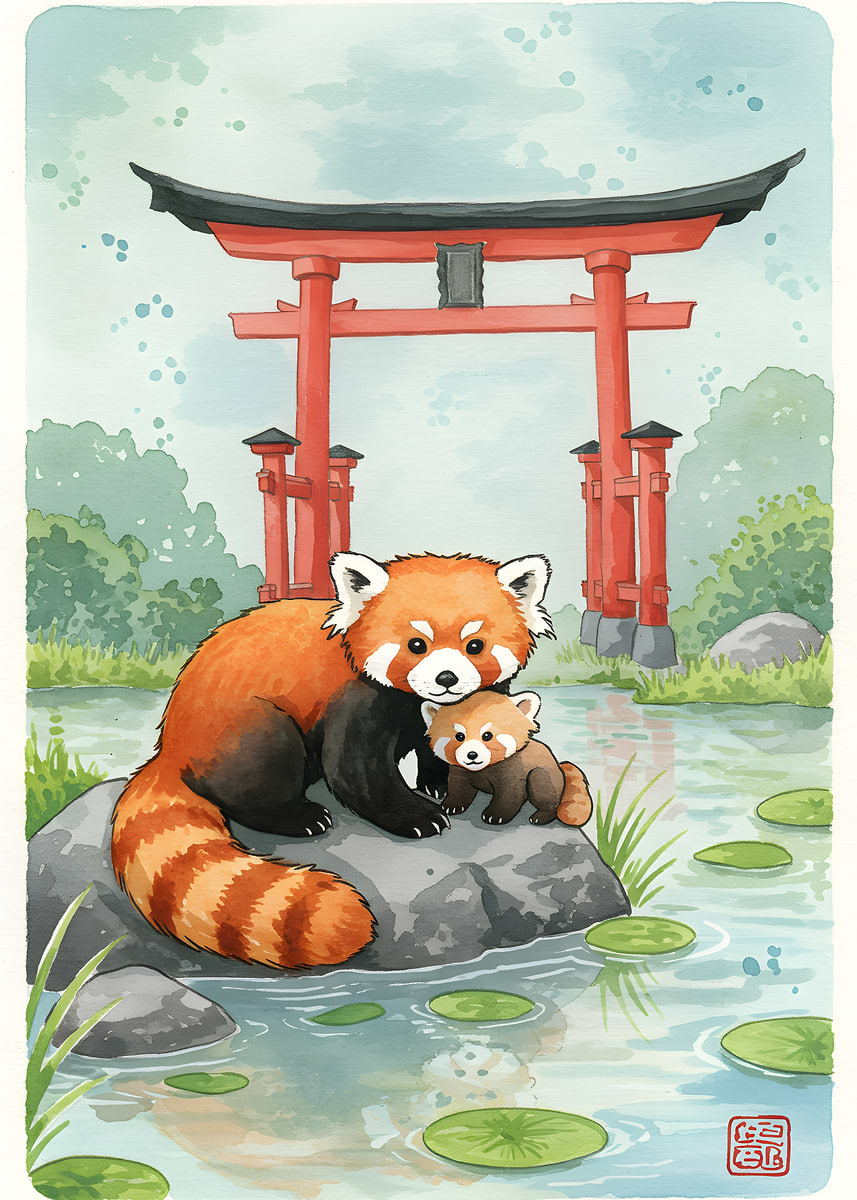 'Red Panda Family at Japanese Shrine' Poster, picture, metal print ...