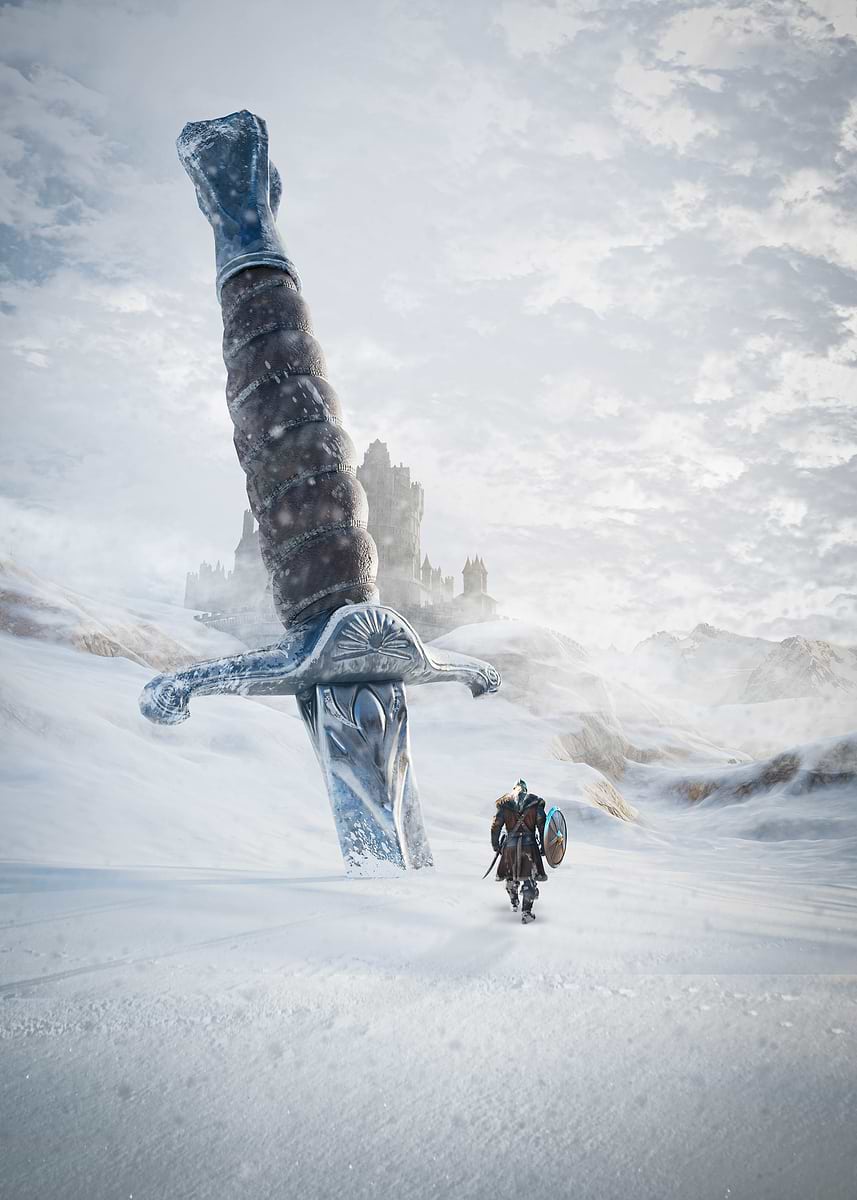 'Giant Sword in Snowy Landscape' Poster, picture, metal print, paint by ...