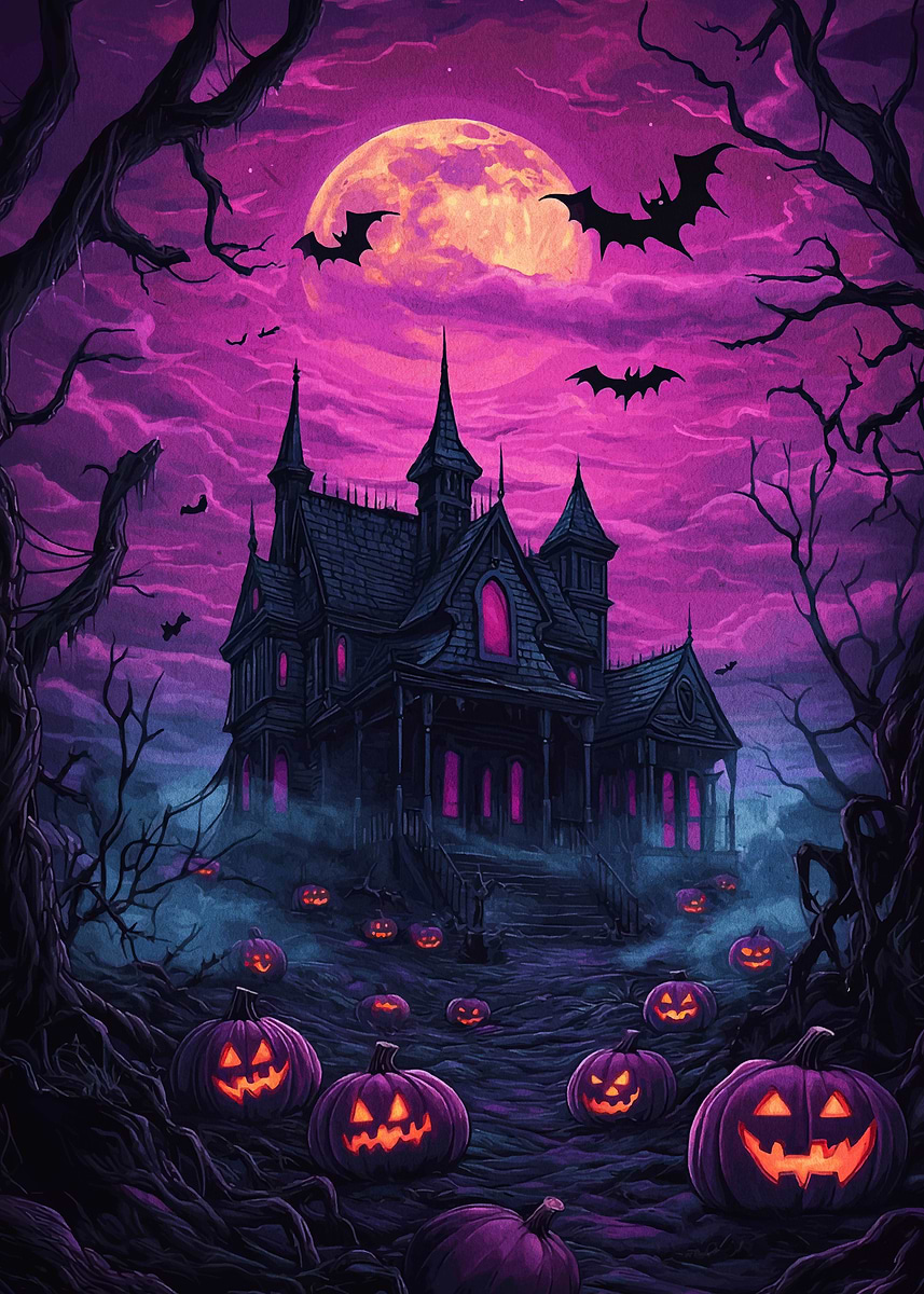 'Spooky Halloween Haunted House with Pumpkins' Poster, picture, metal ...