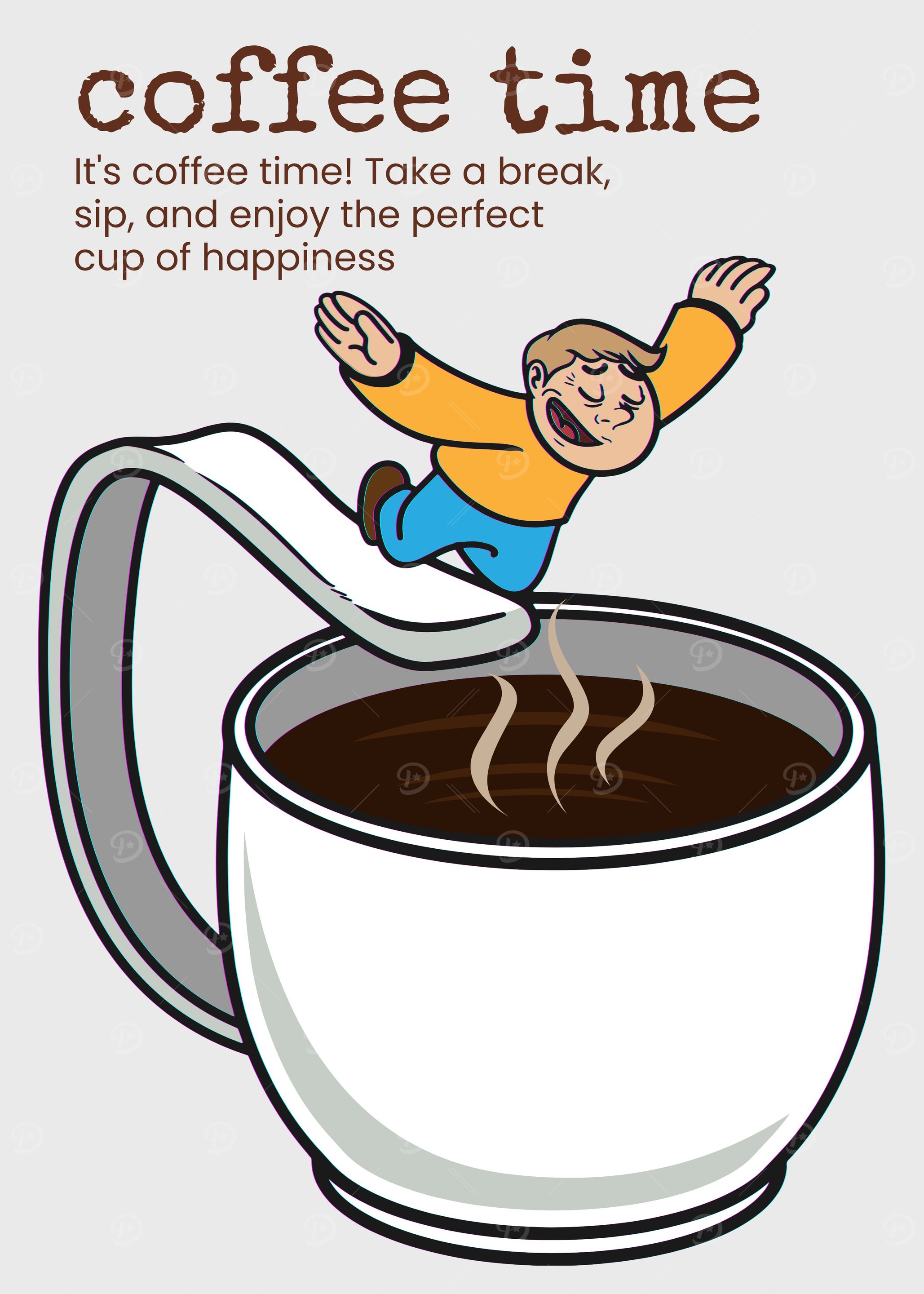 'Coffee Time Happiness Cartoon Illustration' Poster, picture, metal ...