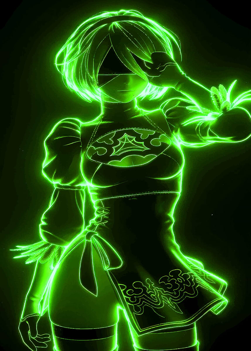 '2B Nier Automata Neon Green' Poster, picture, metal print, paint by ...