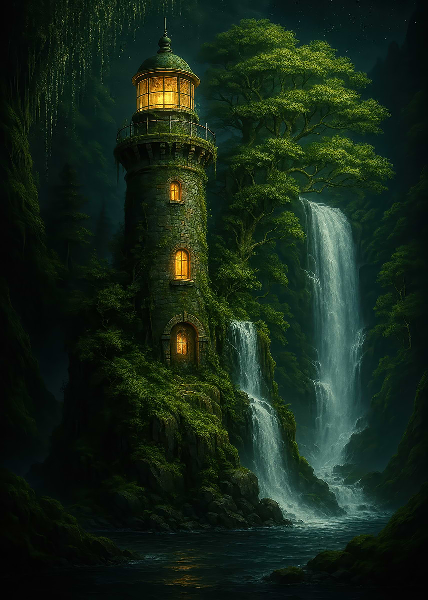'Lighthouse by Waterfall in Lush Forest' Poster, picture, metal print ...