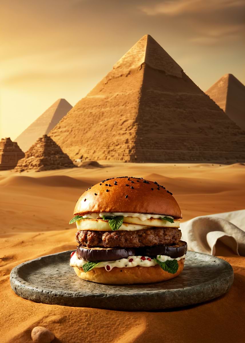'Egyptian Burger with Pyramids Background' Poster, picture, metal print ...